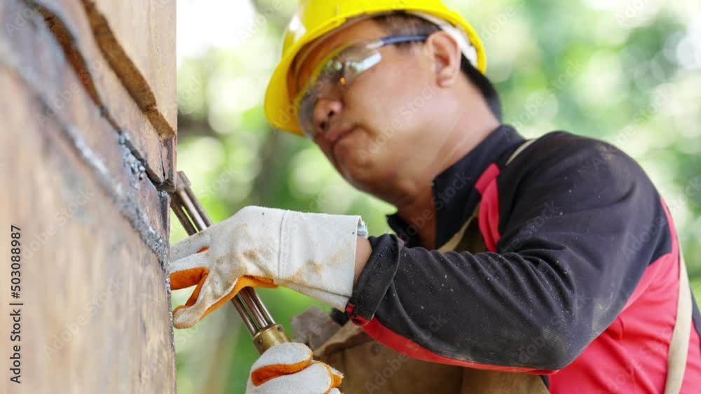 4K Man welder wearing safety equipment working on welding machine in ...