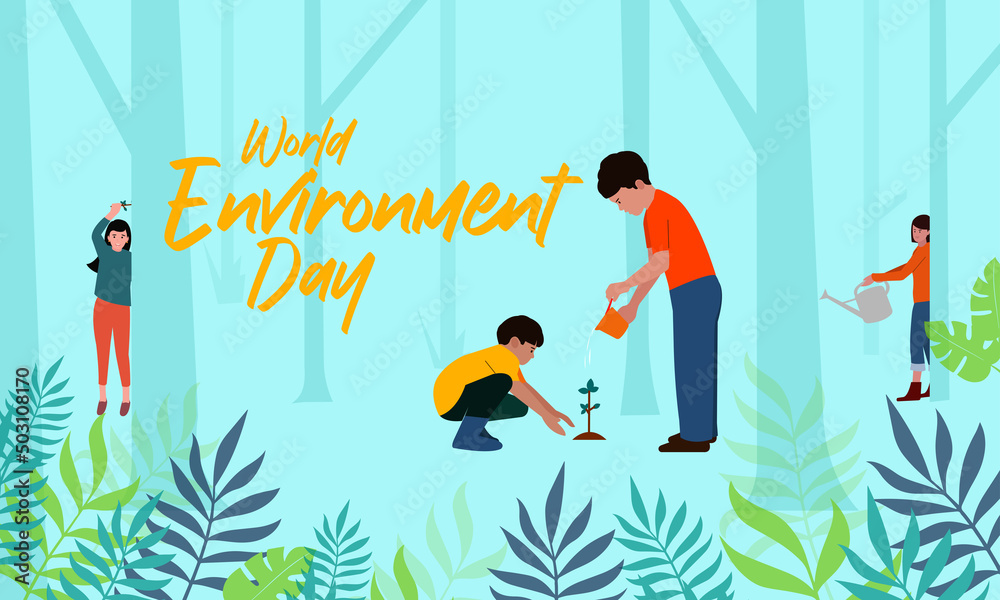 World environment day typography with kids planting a tree and ...