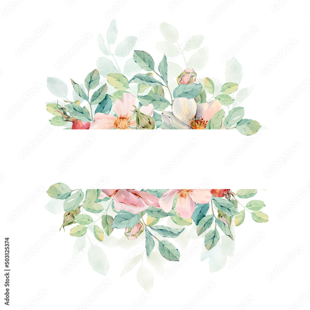 Rectangular floral frame border of pink flowers, buds and light green ...