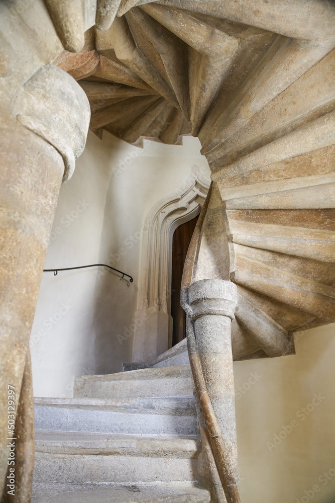Double or twin spiral staircase made of sandstone with its construction ...