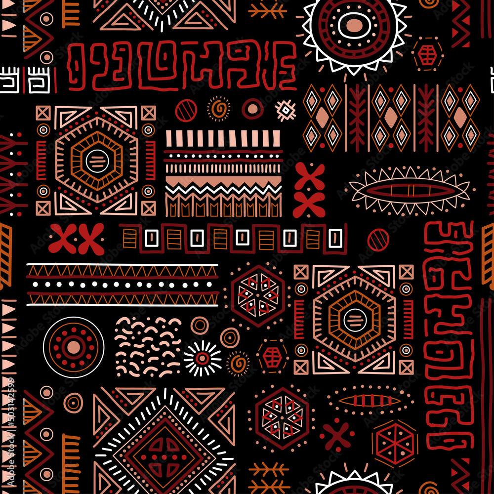 Abstract African art shapes seamless background, tribal geometric ...