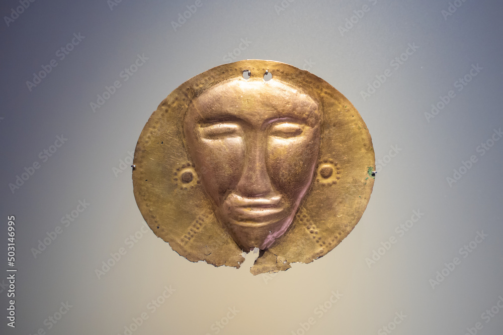 Bogota, Colombia, gold museum. A pre-Columbian artifact, an ornamental ...
