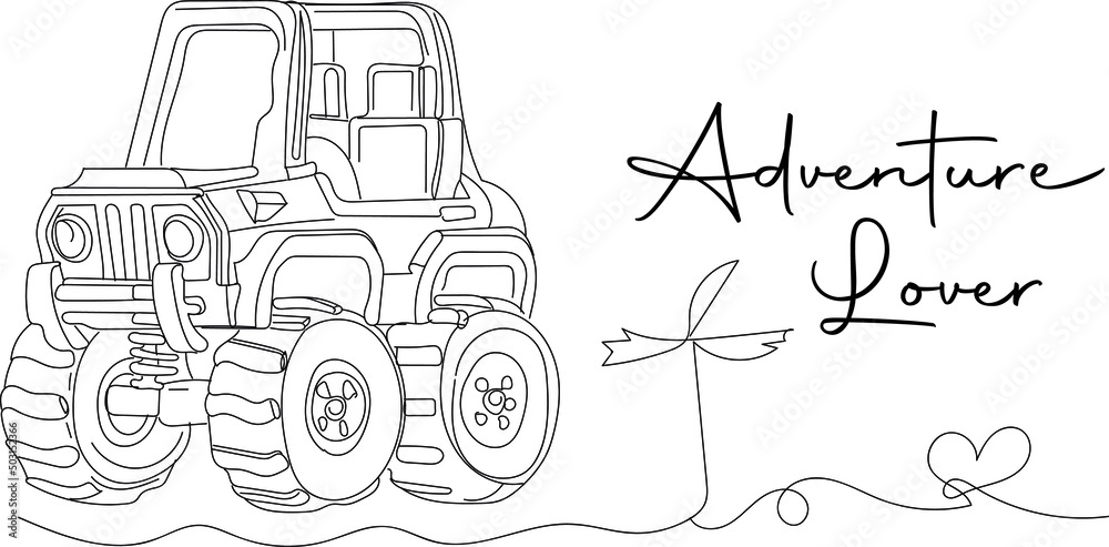 Outline sketch drawing of desert safari jeep with big tyres, Safari ...