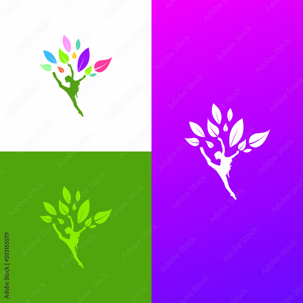 Vector illustration of a dancing girl logo symbol in three different ...