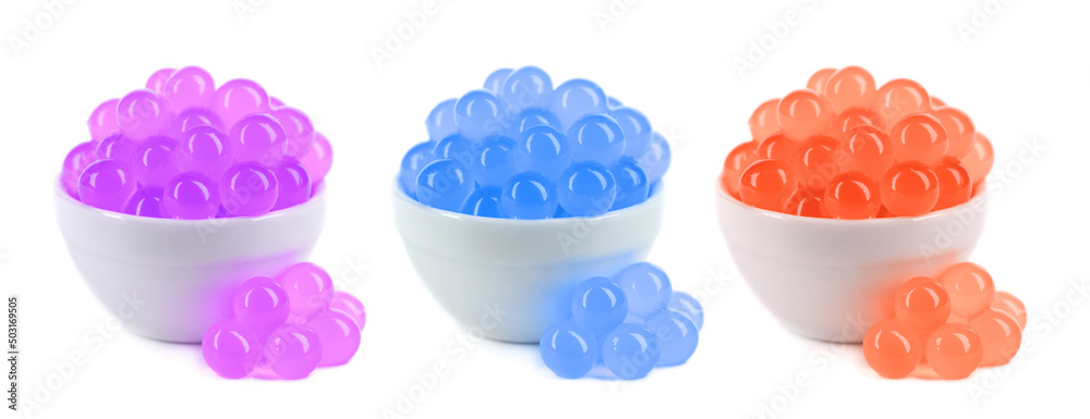 Tapioca pearls for bubble tea isolated on white background. Mix tapioca ...