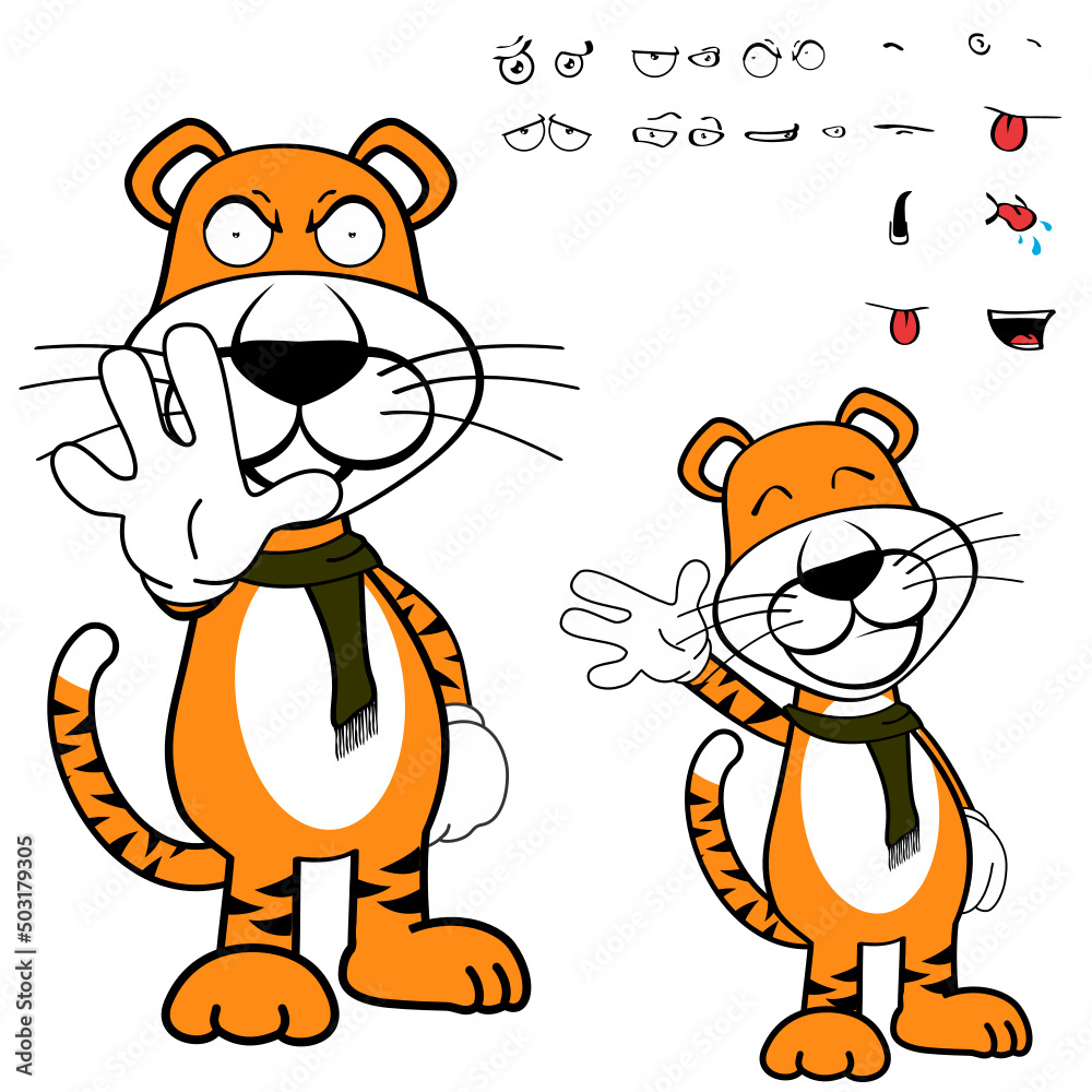 funny standing tiger cartoon kawaii expressions pack in vector format ...