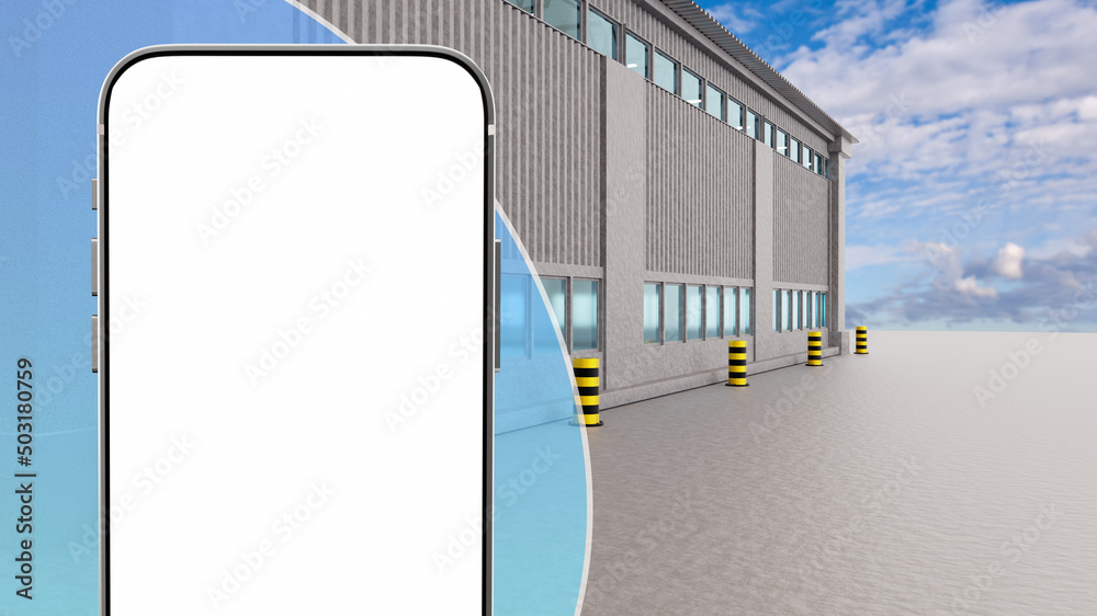 Phone blank screen. Warehouse building. Phone mockup with space for ...