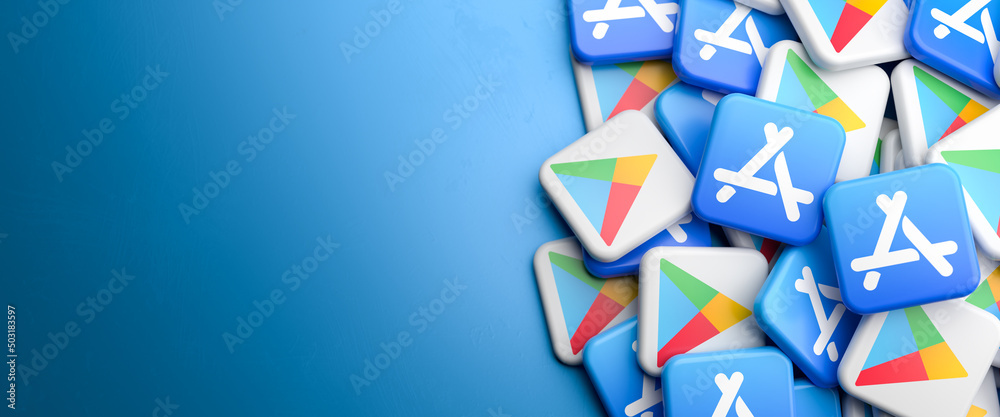 Logos of the Apple App Store for iOS and the Google Play App Store for ...