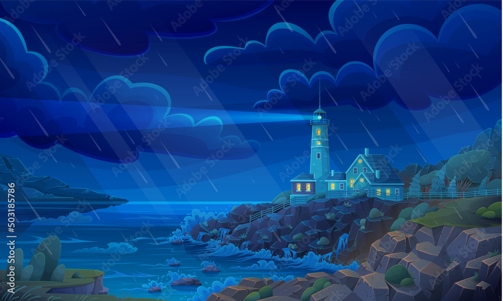 Night view of seacoast with lighthouse during rain. Landscape of nature ...