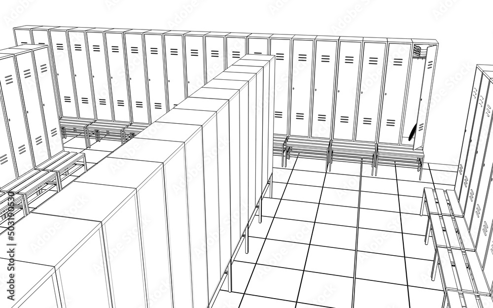 Sports locker room, 3d render, sketch, outline Stock Illustration ...