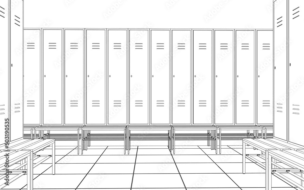 Sports locker room, 3d render, sketch, outline Stock Illustration ...