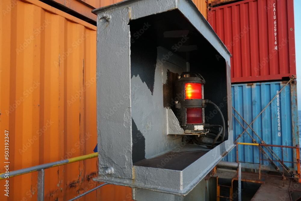Koper, Slovenia - 04 16 2022: Red port side navigational lights of the ...