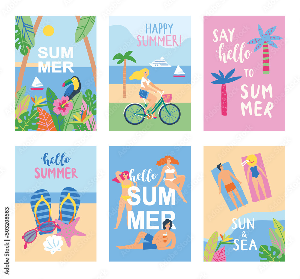 Set of summer cards in cartoon style. Vector illustration. Stock Vector ...