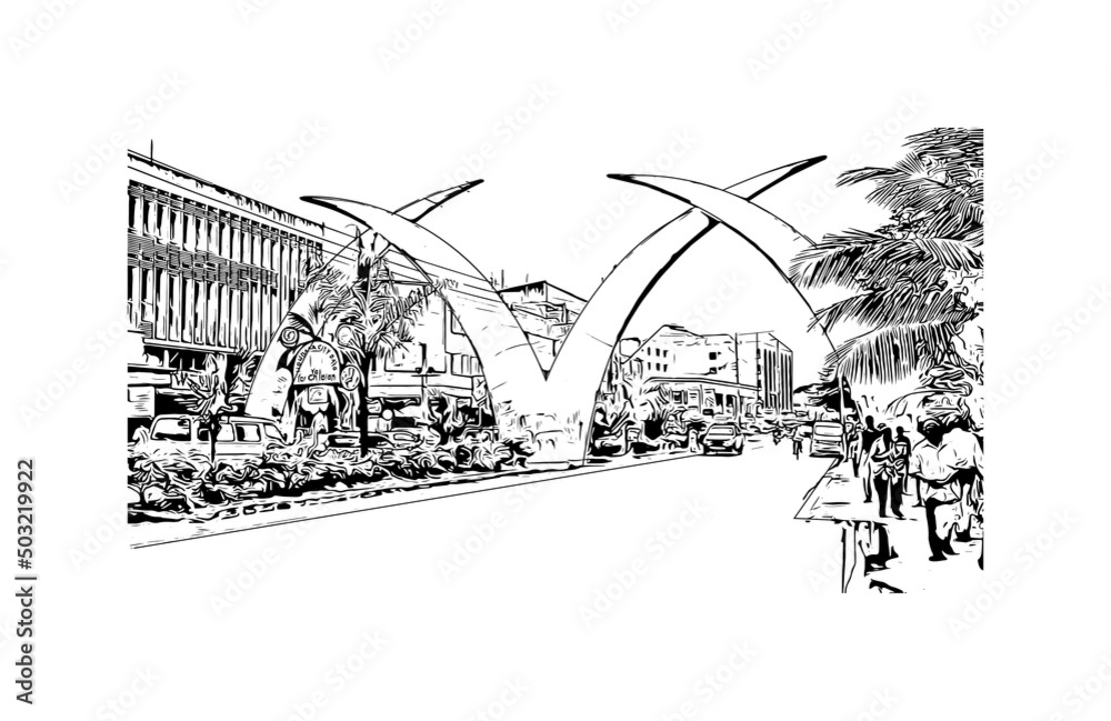 Building view with landmark of Mombasa is the city in Kenya. Hand drawn ...