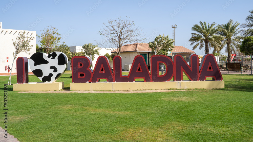 Doha, Qatar - March 03,2022 :i love baladna sign in the baladna park ...