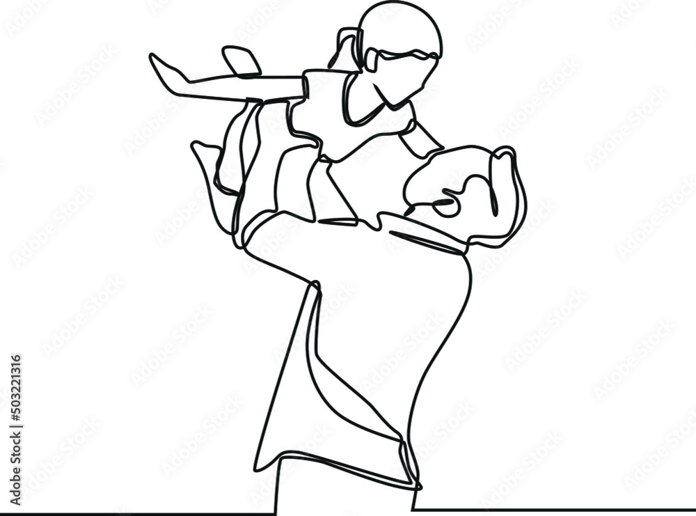 Continuous one line drawing of happy father hold up his child girl ...
