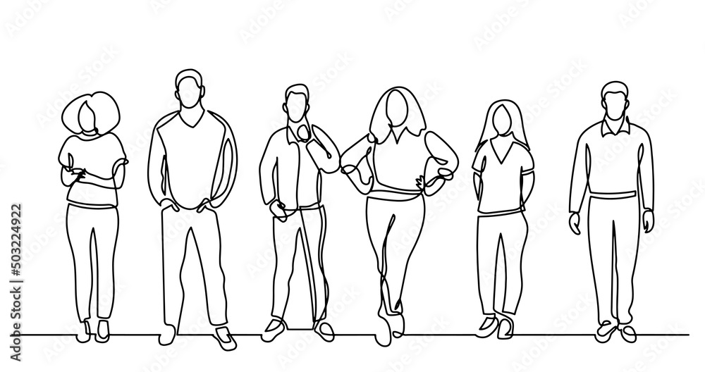 continuous line drawing of diverse group of standing people Stock ...