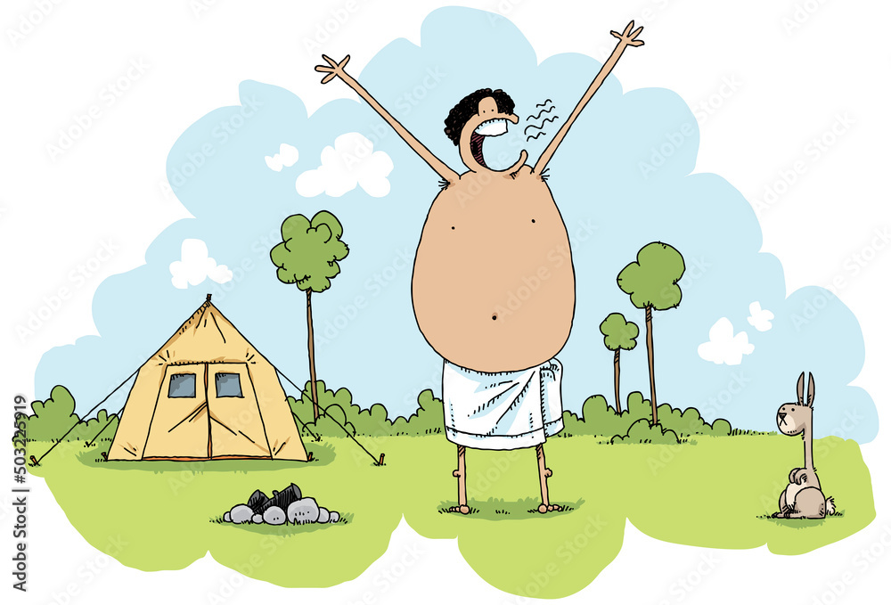 A cartoon man wrapped in a towel yawns and stretches at his campsite ...