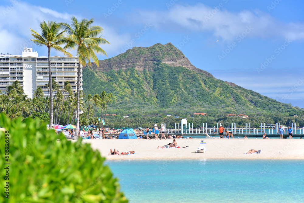 View of Diamond Head aka Leahi across Duke Kahanamoku Lagoon on Waikiki ...