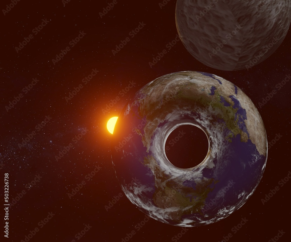 torus or donut shape earth, the sun and the moon in the galaxy ...