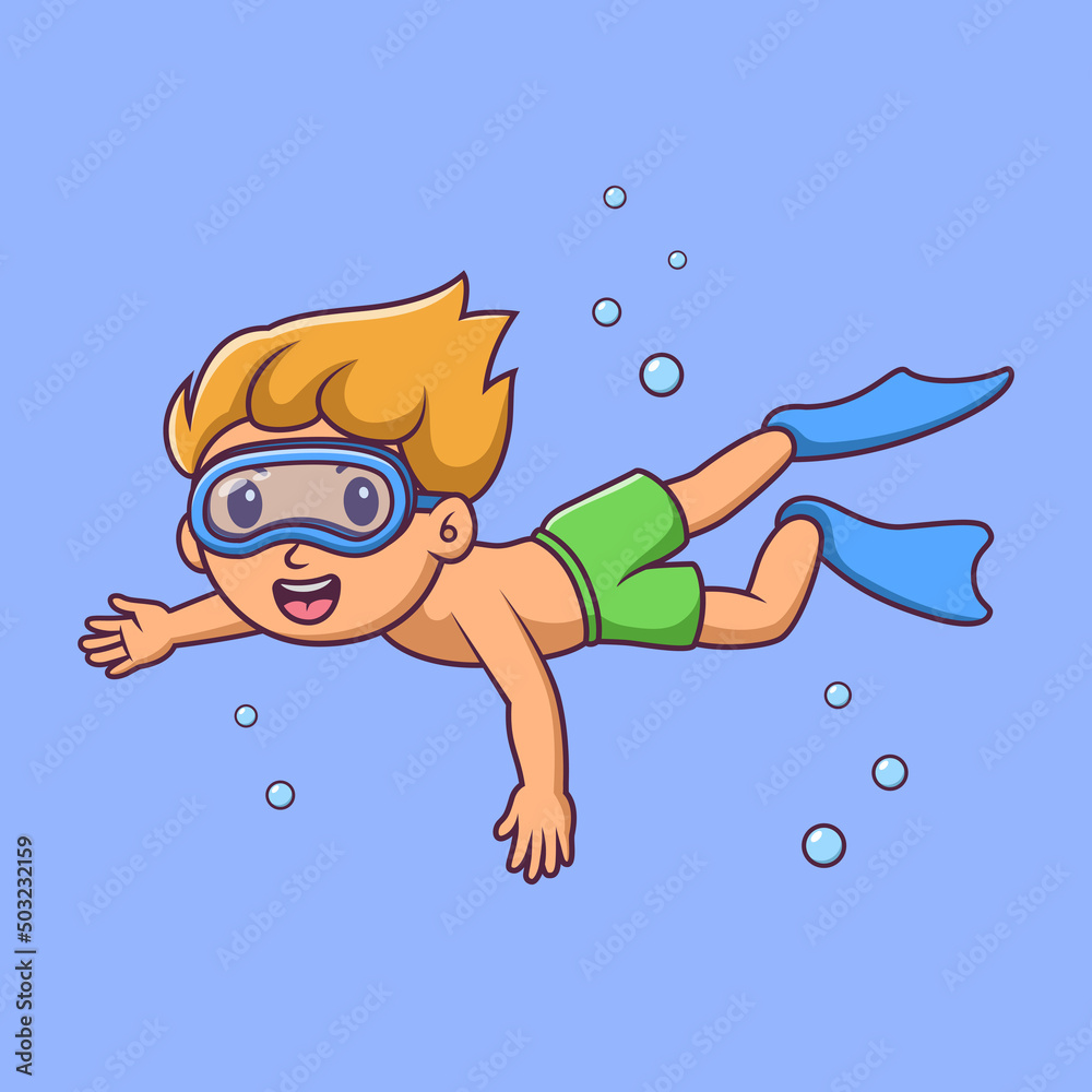 Cartoon little boy scuba diver, Cute cartoon boy diving in summer ...