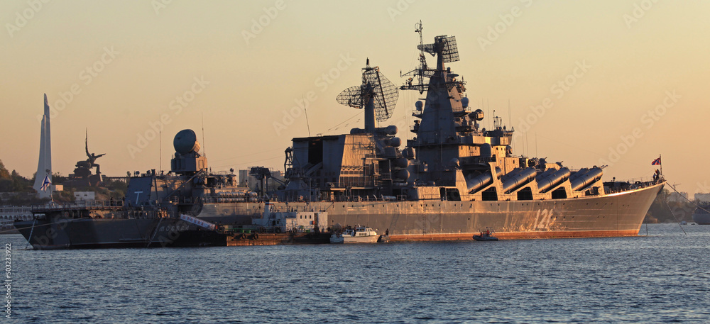 Military cruiser "Moscow" in Sevastopol bay. Russian (Soviet) guards ...