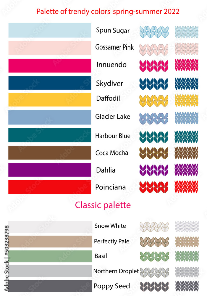 Trendy color palette spring-summer 2022. Swatch collections and name of ...