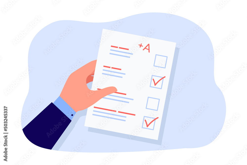 Hand of student holding test or exam paper with excellent mark. Sheet ...