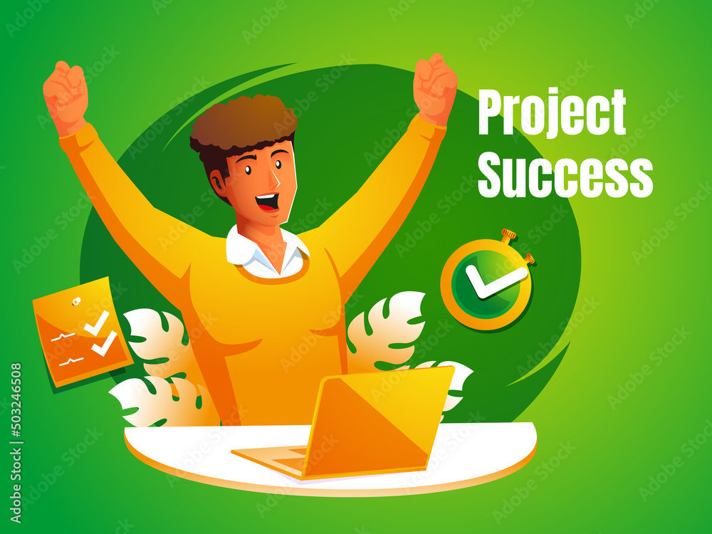 Happy man completing task with hands raised at her workplace, Job well ...