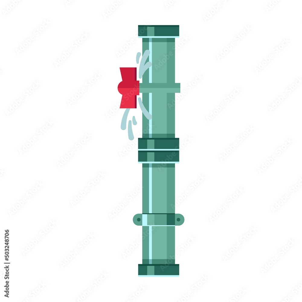 Broken metal pipe with tap valve with leakage of water. Vector ...