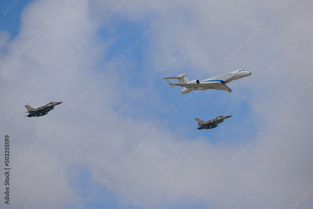 A fighter aircrafts flight at air show in honor of Israeli Independence ...