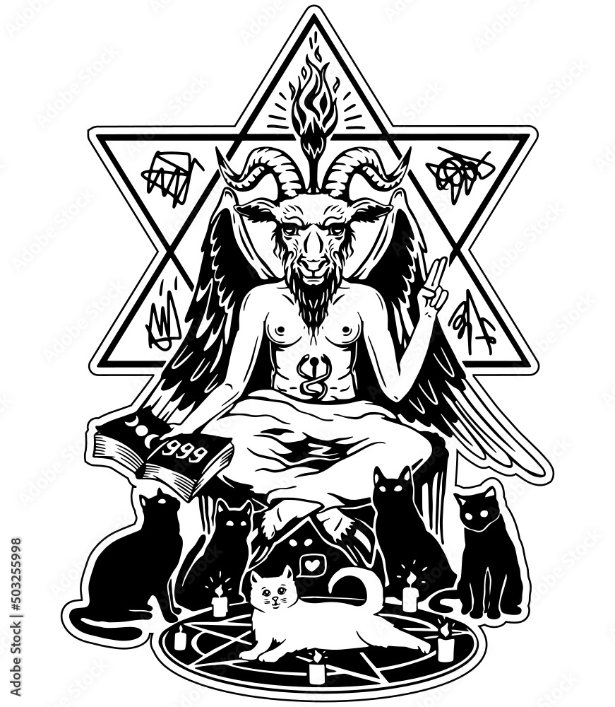 Baphomet. Vector illustration in engraving technique of demon with goat ...