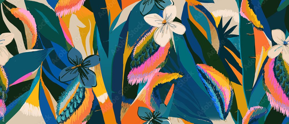 Modern exotic floral jungle pattern. Collage contemporary seamless ...