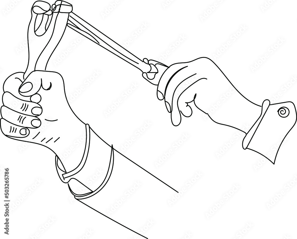 Outline sketch drawing of hand holding catapult, catapult logo ...