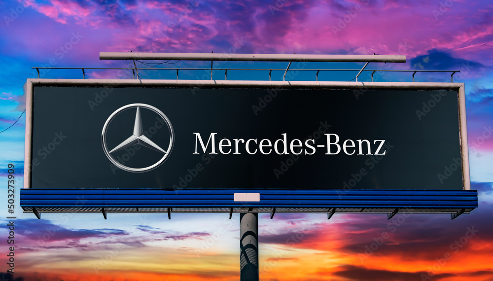 Advertisement billboard displaying logo of Mercedes-Benz Stock Photo ...