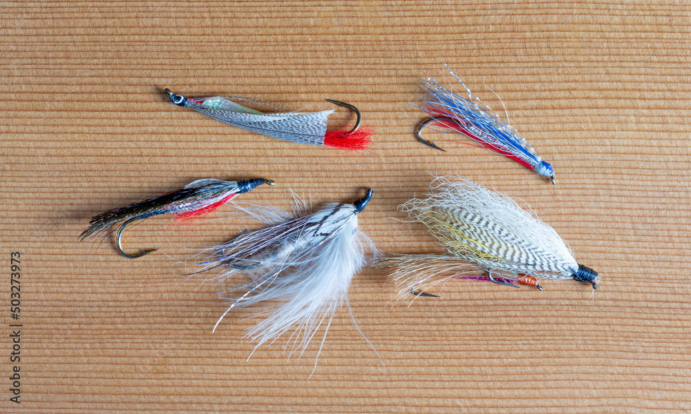 Five hand tied streamer fly fishing flies on a wood background. Stock ...