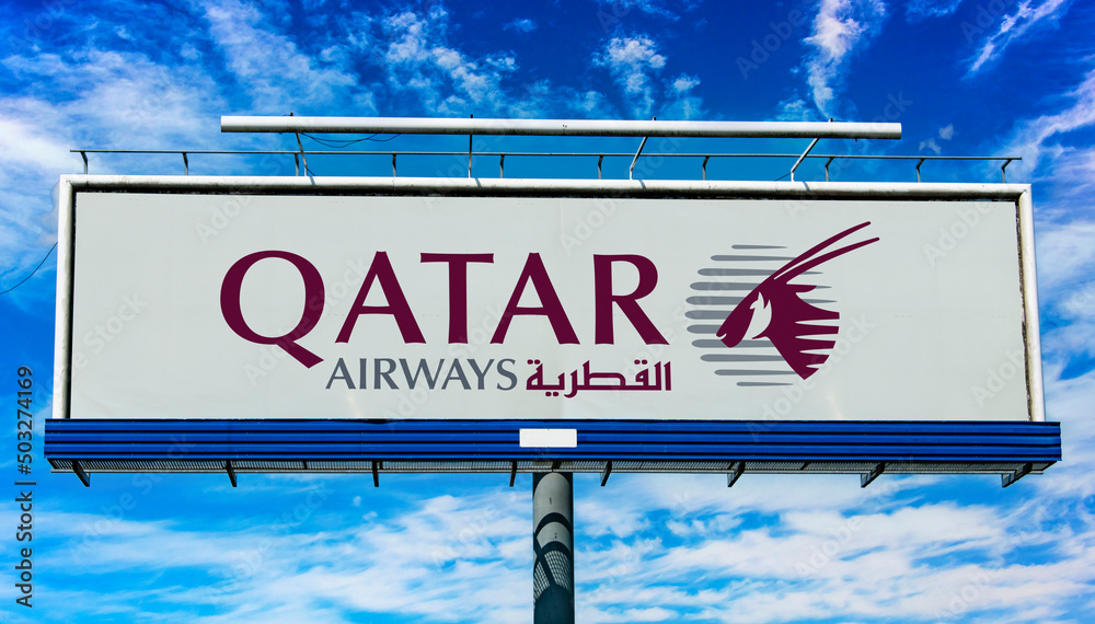 Advertisement billboard displaying logo of Qatar Airways Stock Photo ...