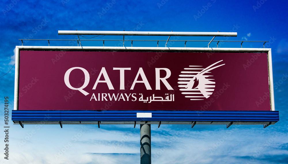 Advertisement billboard displaying logo of Qatar Airways Stock Photo ...
