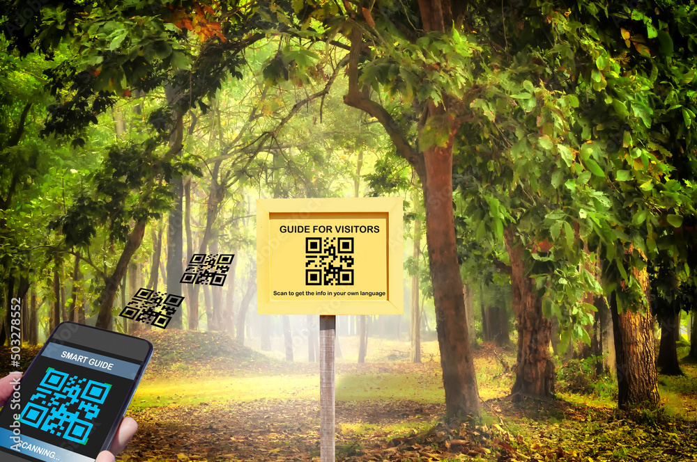 Hand holding smartphone with scanning QR code travel guide screen with ...
