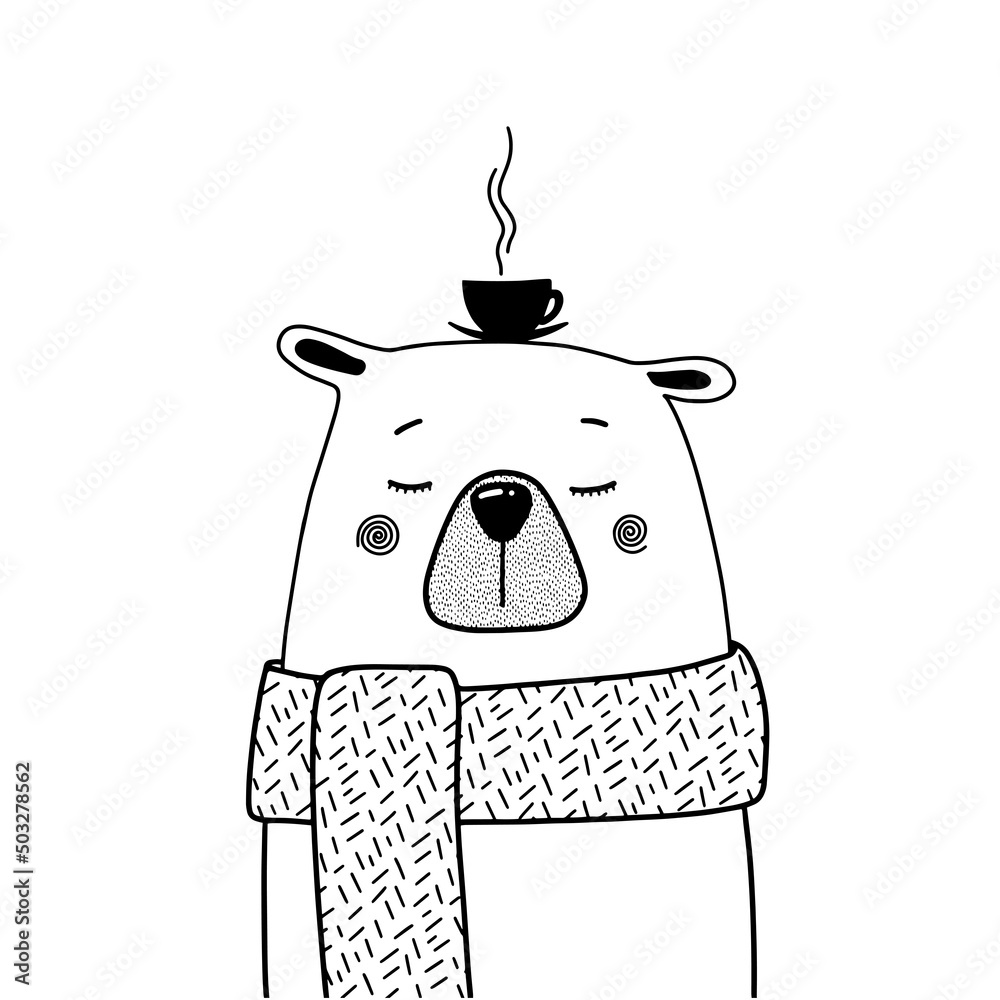 cute bear with cup of hot drink, vector clipart, kawaii illustration ...