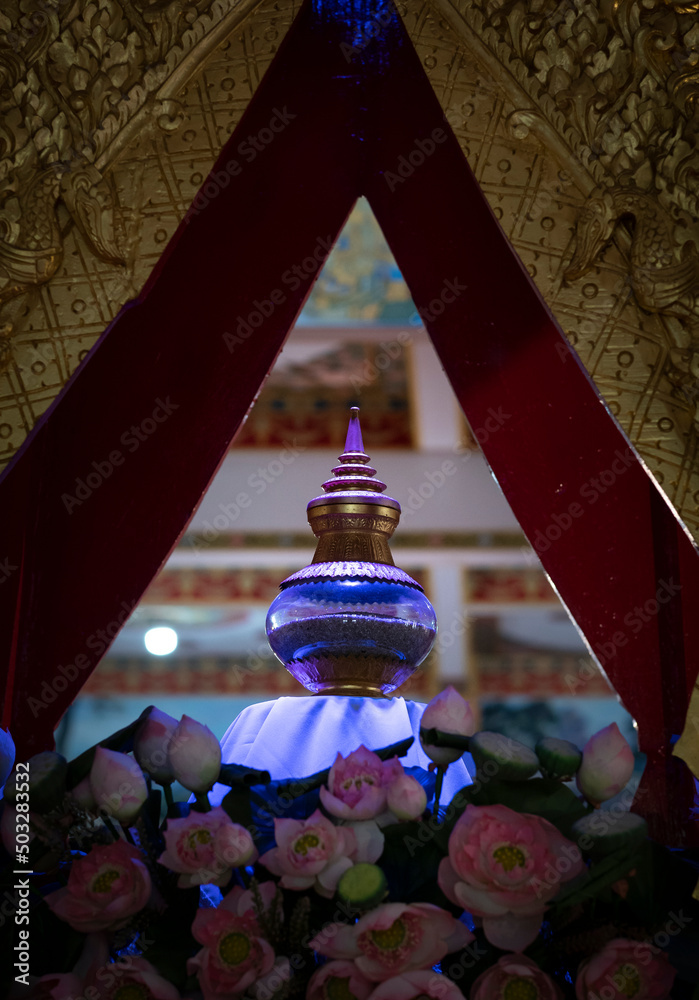 Glass jar of Buddha's relics at Wat Nong Waeng. A temple in Khon Kaen ...