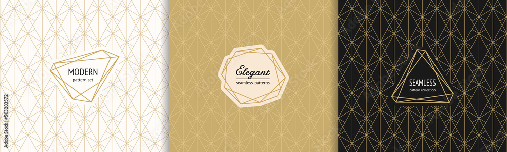 Vector gold minimalist seamless patterns set with modern labels ...