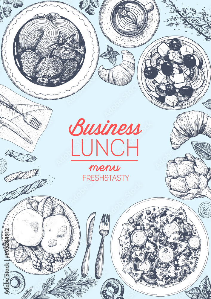 Business lunch top view frame. Food menu design. Vintage hand drawn ...