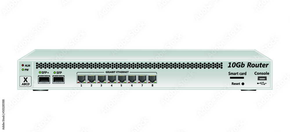 10G gray-blue IP traffic router with connectors for SFP and SFP+ ...