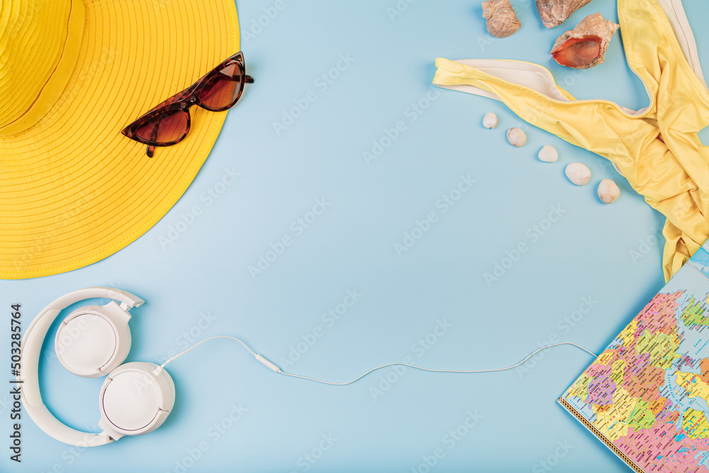 Summer tourist layout, on a blue background a map of the world, shells ...
