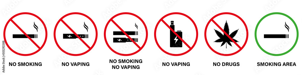 Ban Zone Smoke Marijuana Vape Cigarette Silhouette Icon Set. Forbidden ...
