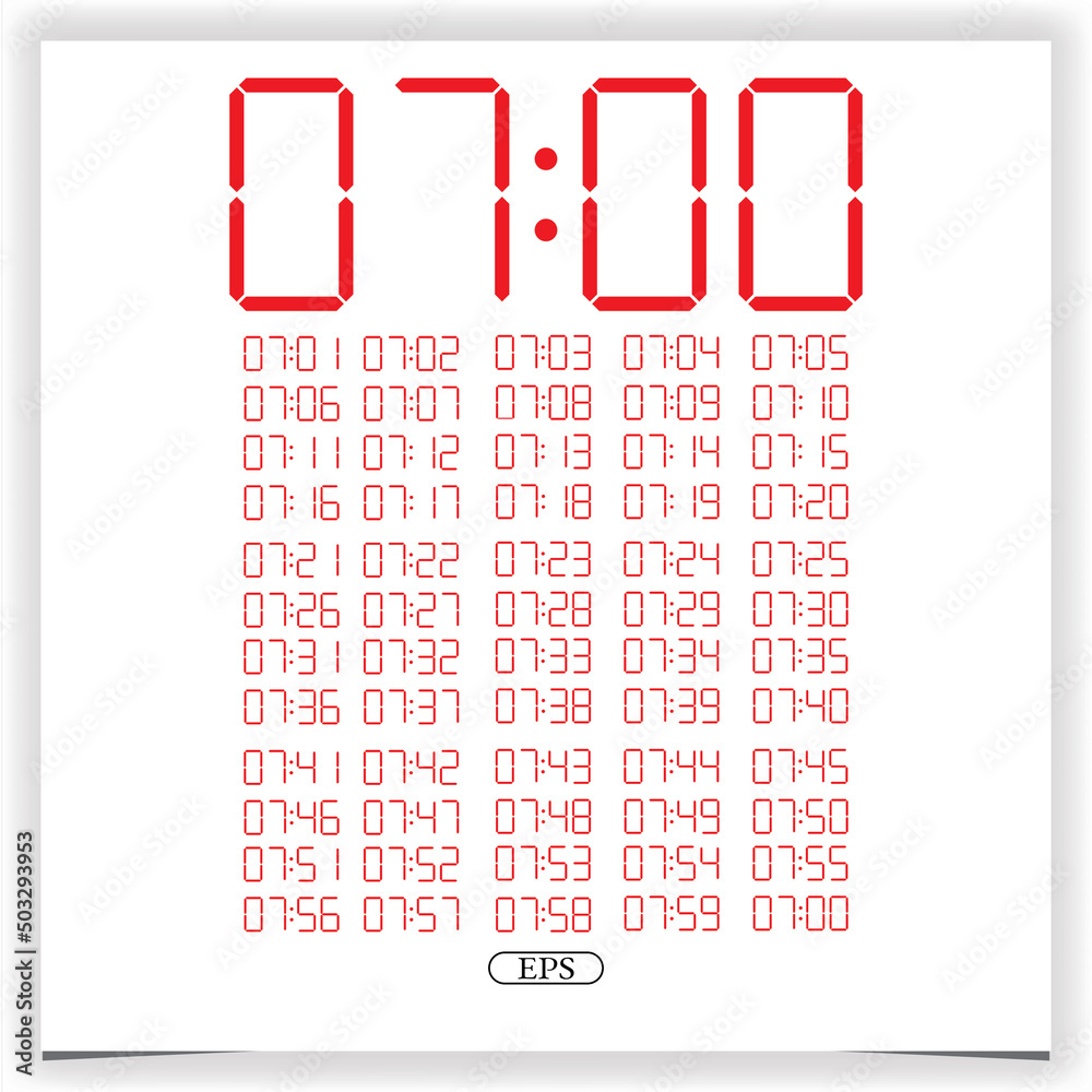 Digital clock closeup displaying 7 o'clock. Red Digital clock number ... Digital clock closeup displaying 7 o'clock. Red Digital clock number ...