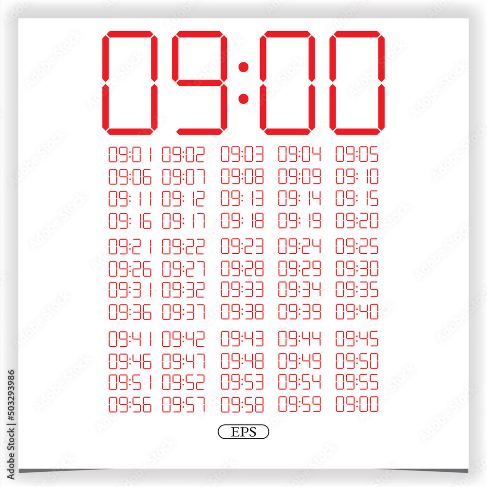 Digital clock closeup displaying 9 o'clock. Red Digital clock number ...