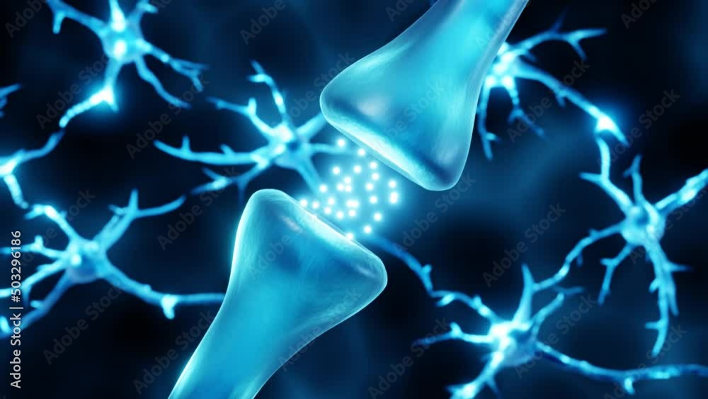 Synaps with neurons in the background, neurotransmitters in synaptic ...