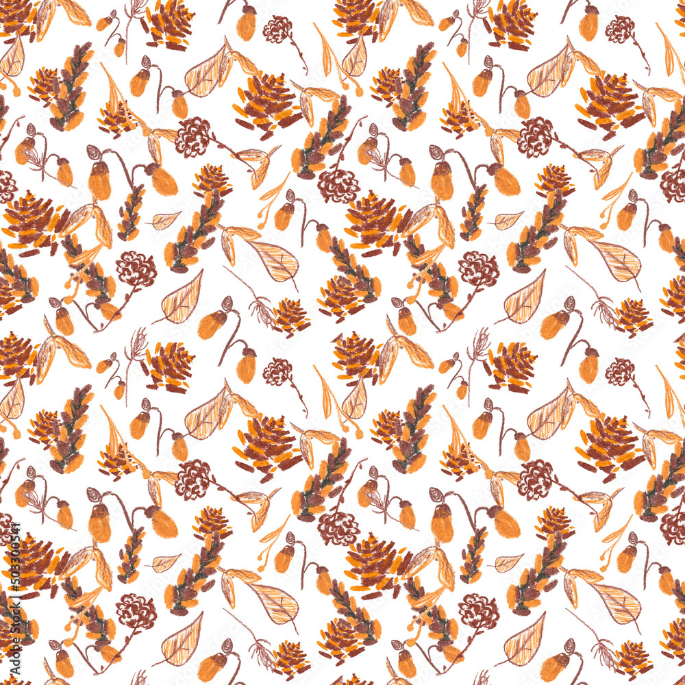 Seamless pattern with autumn leaves drawn in wax crayons on white ...